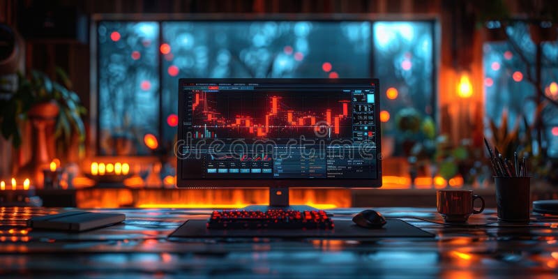 Trading Desk Setup with Red Stock Chart. Created by Generative ...