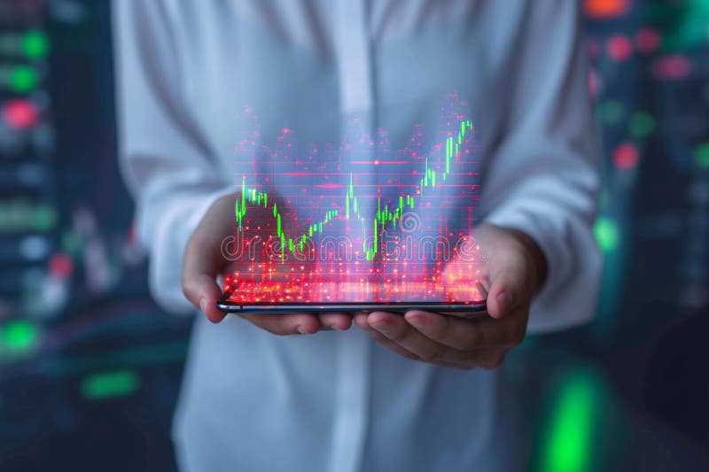 Trading Insights Hologram Candlestick Chart on a Phone in Hand Stock ...