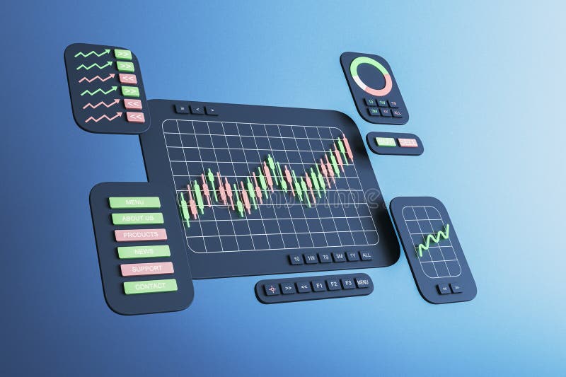 Trading Interface with Candlestick Chart, Buttons, and Icons on Blue ...