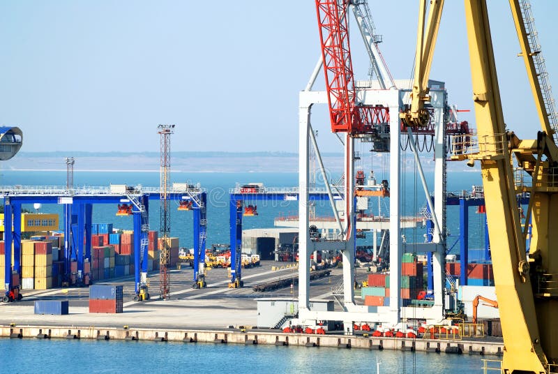 The Trading Seaport with Cranes, Cargoes and Ship Stock Image - Image ...
