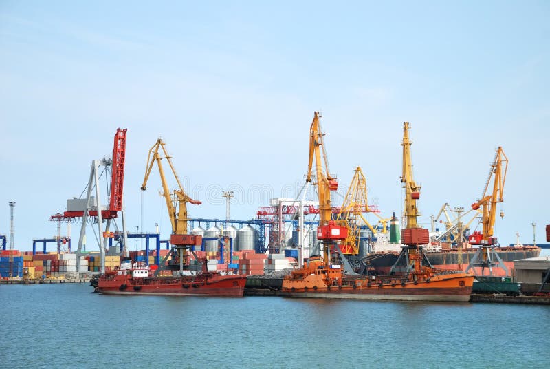 The Trading Seaport with Cranes, Cargoes and Ship Stock Photo - Image ...
