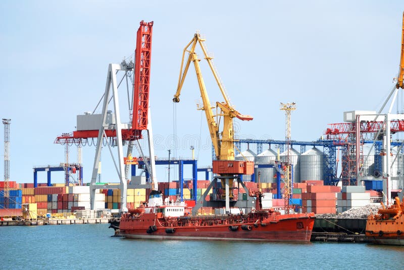 The Trading Seaport with Cranes, Cargoes and Ship Stock Image - Image ...