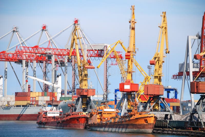 The Trading Seaport with Cranes, Cargoes and Ship Stock Image - Image ...
