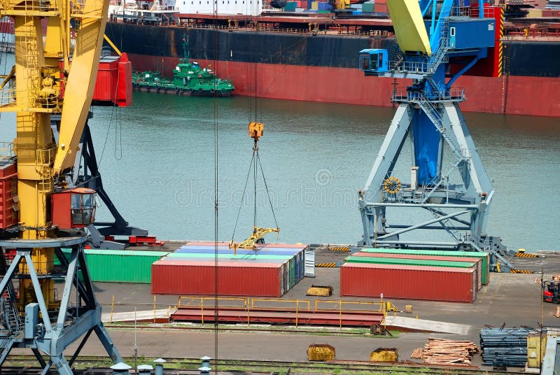 The Trading Seaport with Cranes, Cargoes and Ship Stock Photo - Image ...