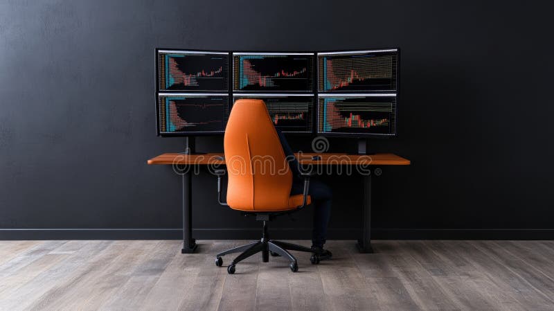 Trading Setup with Multiple Monitors and an Ergonomic Chair on Wooden ...