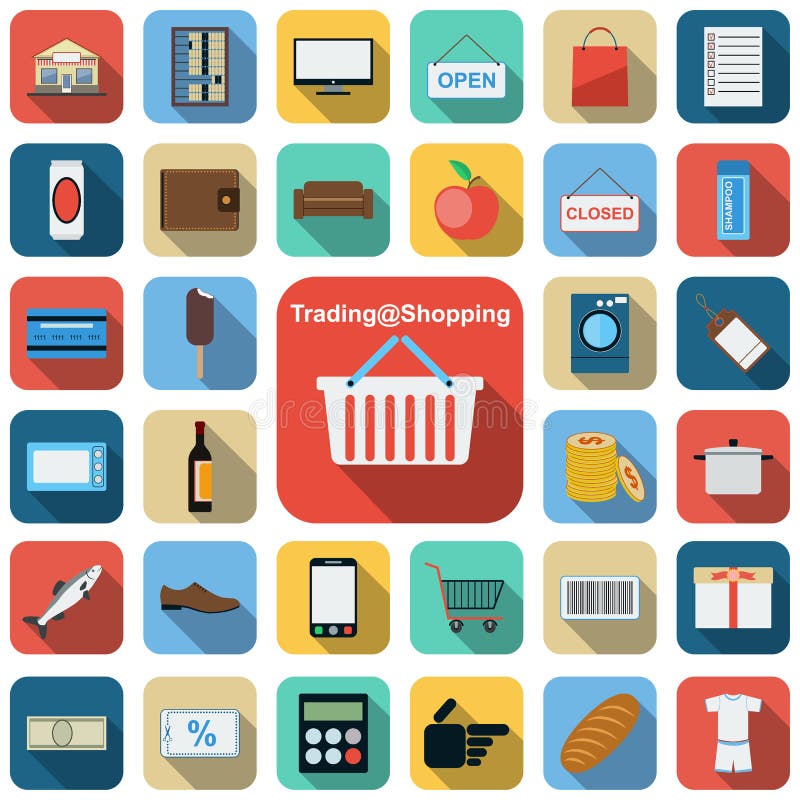 Trading and Shopping Flat Icons Stock Vector - Illustration of coupon ...