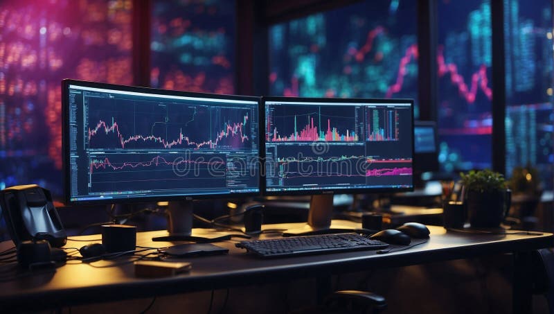 Trading Workplace with Computer Monitors with Abstract Financial Charts ...