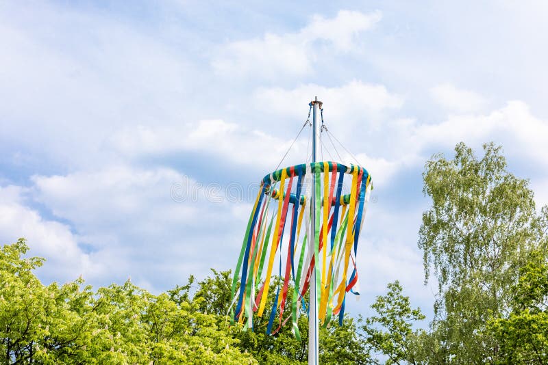 Tradiotional Maypole with Blue Sky Stock Image - Image of ribbon, white ...
