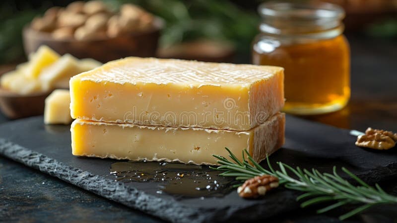 Traditional Aged Cheese with Honey Drizzle and Fresh Herbs. Stock ...