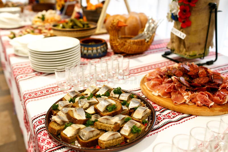 Traditional Alcohol and Appetizer on Wedding Table Stock Image - Image ...