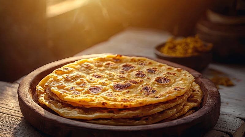 Traditional Aloo Paratha in Wooden Thali with Warm Lighting Stock Image ...