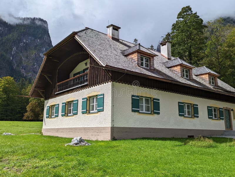 Traditional Alpine Bavarian House on Meadow with Mountain, Trees and ...