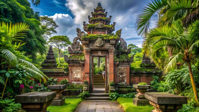 Ancient Bali Gate in Garden Pathway Stock Illustration - Illustration ...