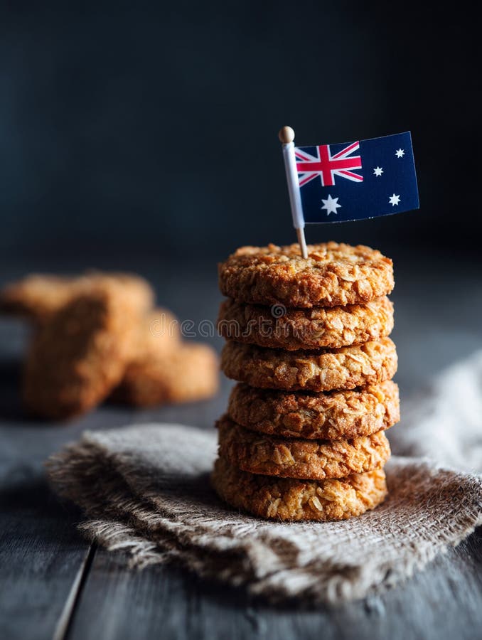 Rustic Stack of Golden Anzac Biscuits with Australian Flag on Dark ...