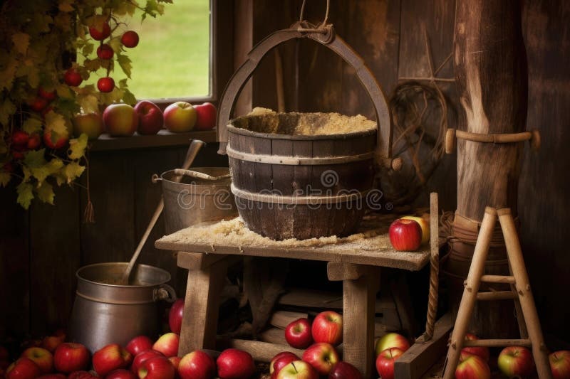 Traditional Apple Press with Crushed Apples and a Bucket Underneath ...