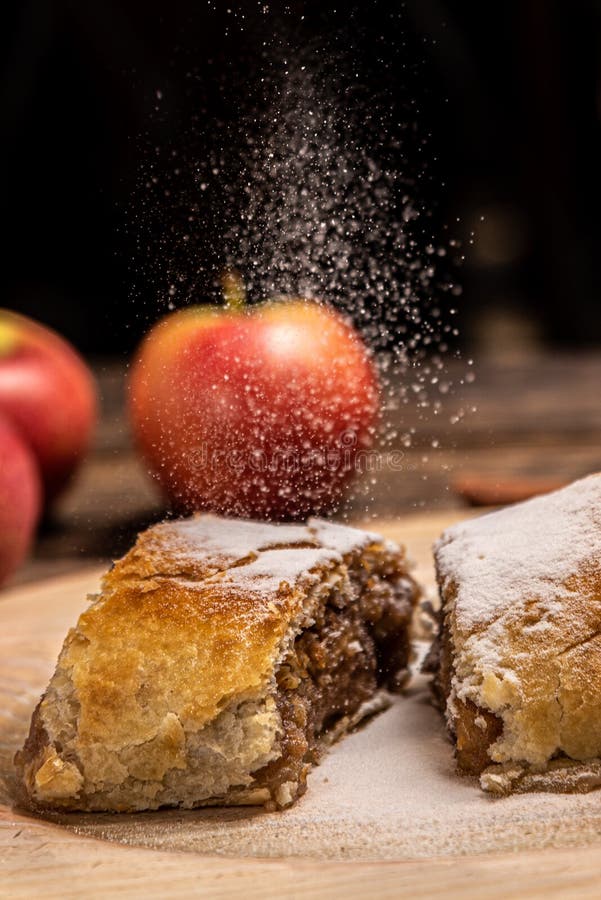 Traditional Apple Strudel with Powdered Sugar on Wooden Rustic ...