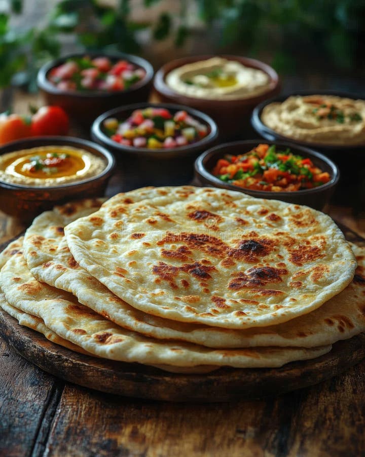 Traditional Arabian Khubz Flatbread with Sauces Stock Illustration ...