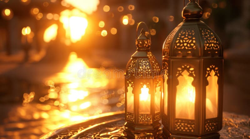 A Traditional Arabian Lantern Lit by Candle Light is on Fire in Front ...