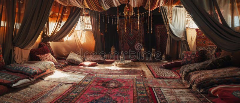 A Traditional Arabian Tent Adorned with Rich Textiles and Intricate ...