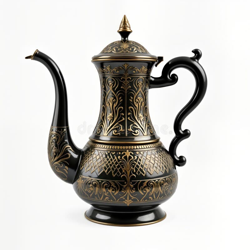 Traditional Arabic Coffee Pot with Decorative Gold Patterns on a Black ...