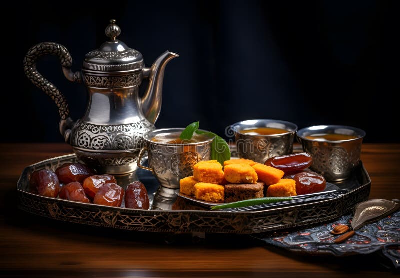 Arabic Coffee Service with Dates, Baklava, and Saffron Stock ...