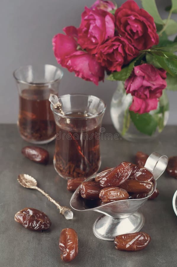 Traditional Arabic Tea Set and Dried Dates. Stock Image - Image of food ...