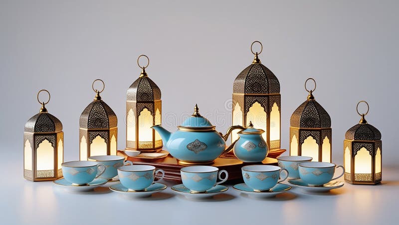 Traditional Arabic Tea Set with Lanterns on White Background, Warm and ...
