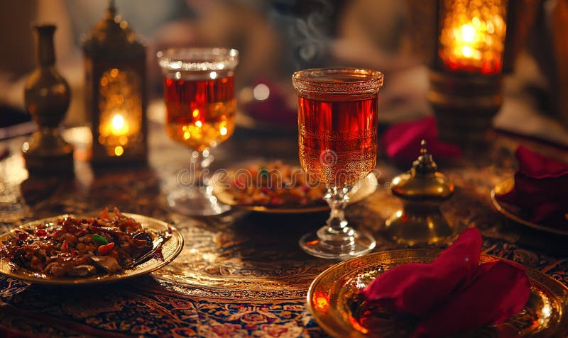 Traditional Arabic Tea and Snacks on Ornate Table with Lanterns Stock ...