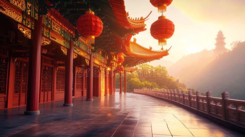 Traditional Architecture with Red Lanterns at Sunset Stock Illustration ...