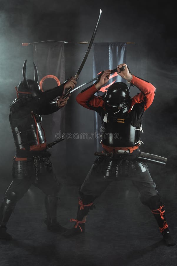 Traditional Armored Samurai Fighting with Swords Stock Photo - Image of ...