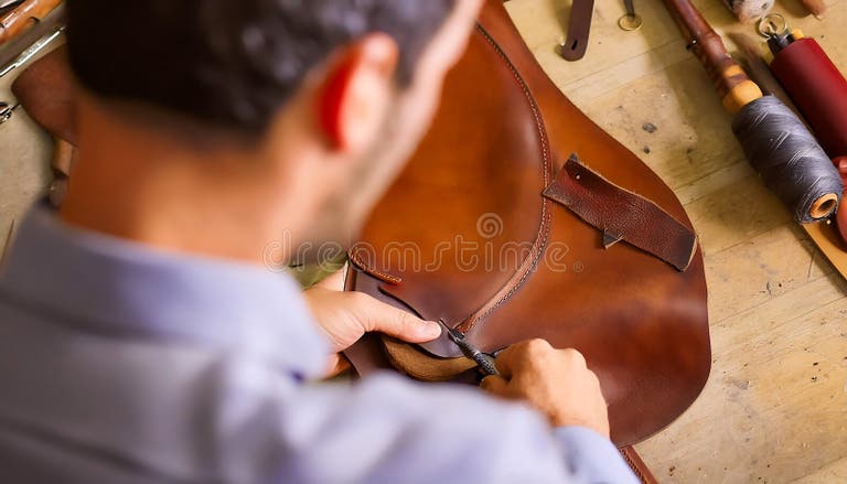 Traditional Artisan Skillfully Working on Leather Piece Using Hand ...