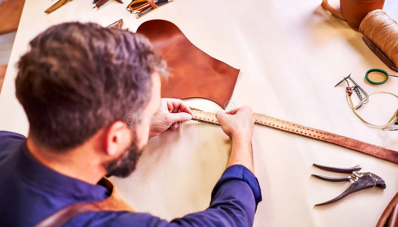 Traditional Artisan Skillfully Working on Leather Piece Using Hand ...