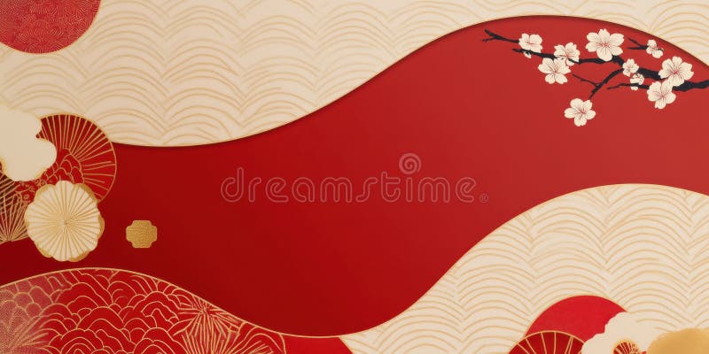 Traditional Asian Background with Red Waves and Cherry Blossoms Pattern ...