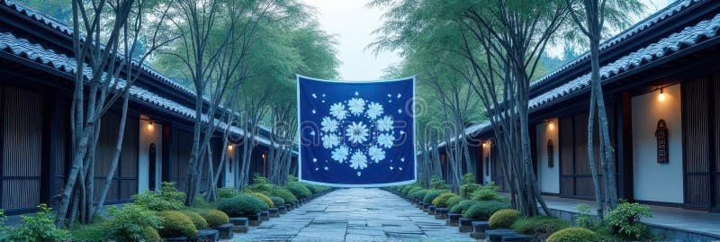 Traditional Asian Cloth with Floral Design Hanging in Courtyard Stock ...