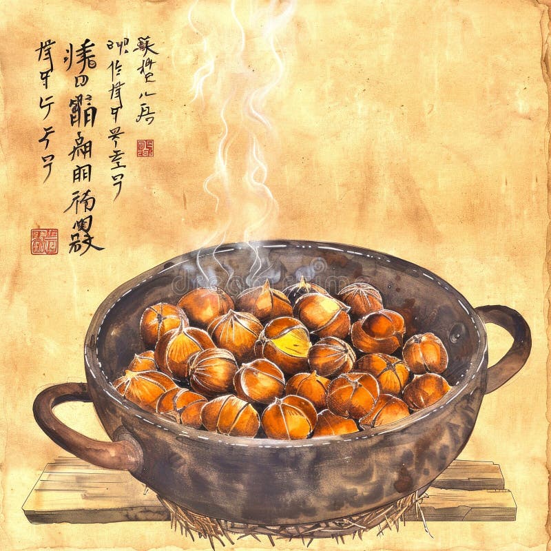 Traditional Asian Cooking Art Featuring Steaming Chestnuts in a Rustic ...