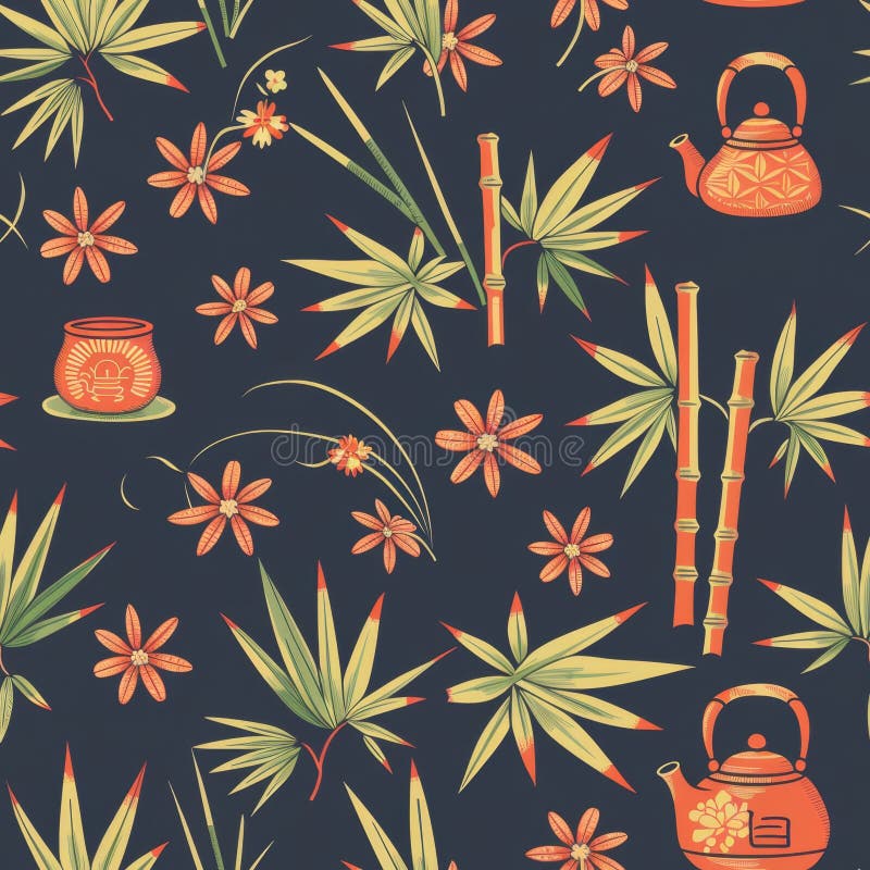 Traditional Asian-Inspired Tea Ceremony Pattern with Bamboo and Florals ...