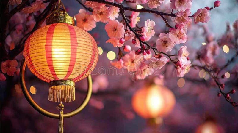 Traditional Asian Lanterns Amidst Cherry Blossom in Tranquil Night ...