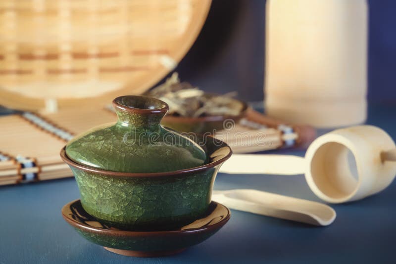 Traditional Asian Porcelain Cup and Tea Ceremony Items on Table Stock ...