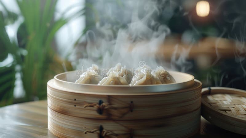 A Traditional Asian-style Steamed Dumpling Served in a Bamboo Container ...