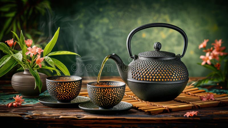 Traditional Asian Tea Ceremony with Elegant Cast Iron Teapot. Stock ...