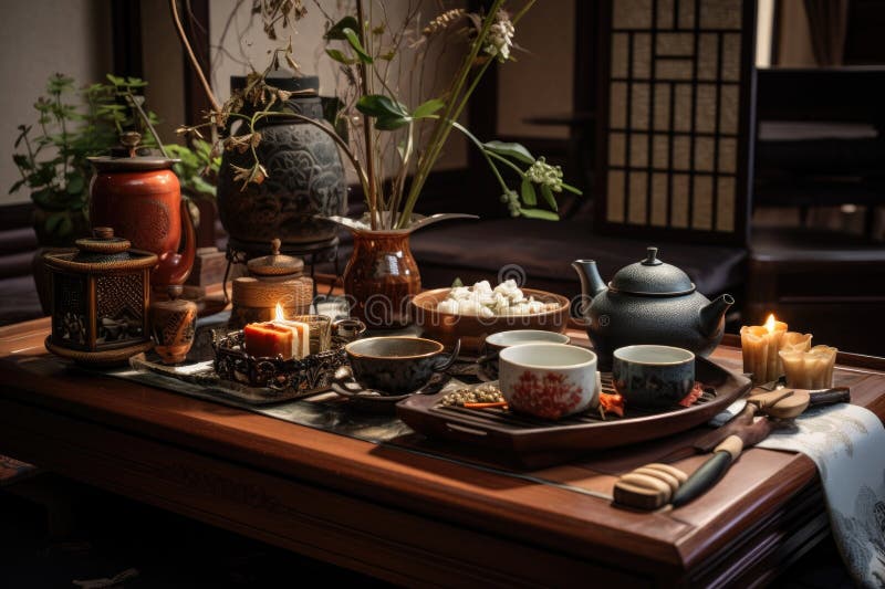 Traditional Asian Tea Ceremony Setup with Teaware Stock Illustration ...