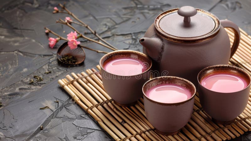 Traditional Asian Tea Set with Pink Tea on Bamboo Mat Stock Photo ...