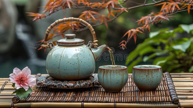 Traditional Asian Tea Set and Pouring Ritual in Serene Garden Setting ...