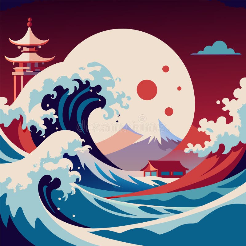 Traditional Asian Temple with Huge Wave and Clouds at Dusk Stock Vector ...