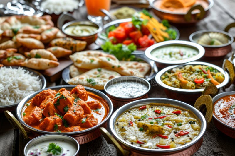 Traditional Assortment of Indian Dishes on the Wooden Table, Upper View ...