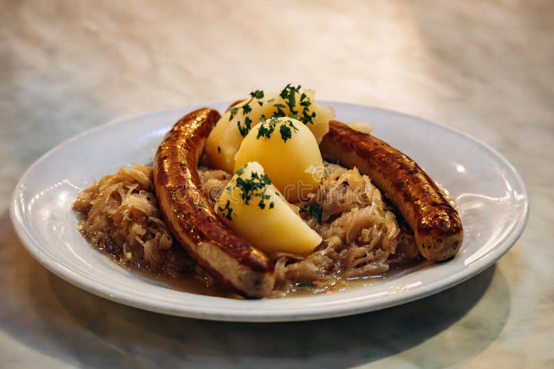 Traditional Austrian Dish in Vienna - Sausages, Cabbage and Potatoes ...