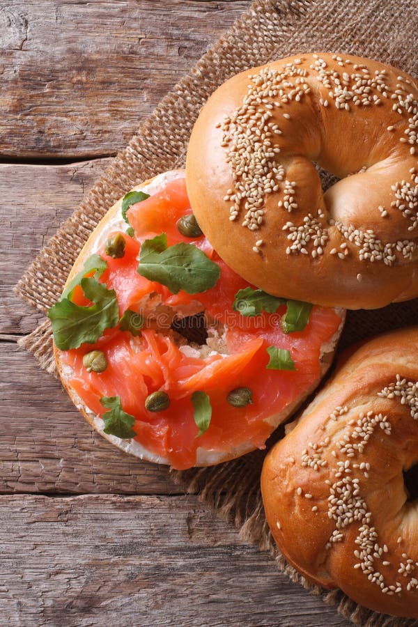 Traditional Bagel with Salmon and Cream Cheese Top View Vertical Stock ...