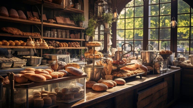 Traditional Bakery Filled with Assorted Breads and Pastries in Warm ...