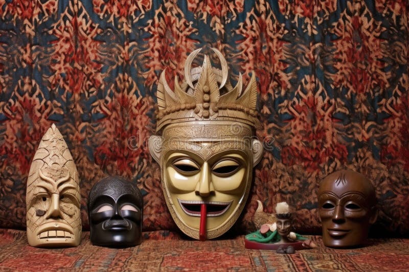 Traditional Balinese Mask Set on a Bamboo Mat Stock Illustration ...