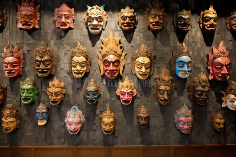 Traditional Balinese Masks Displayed on Wall Stock Illustration ...